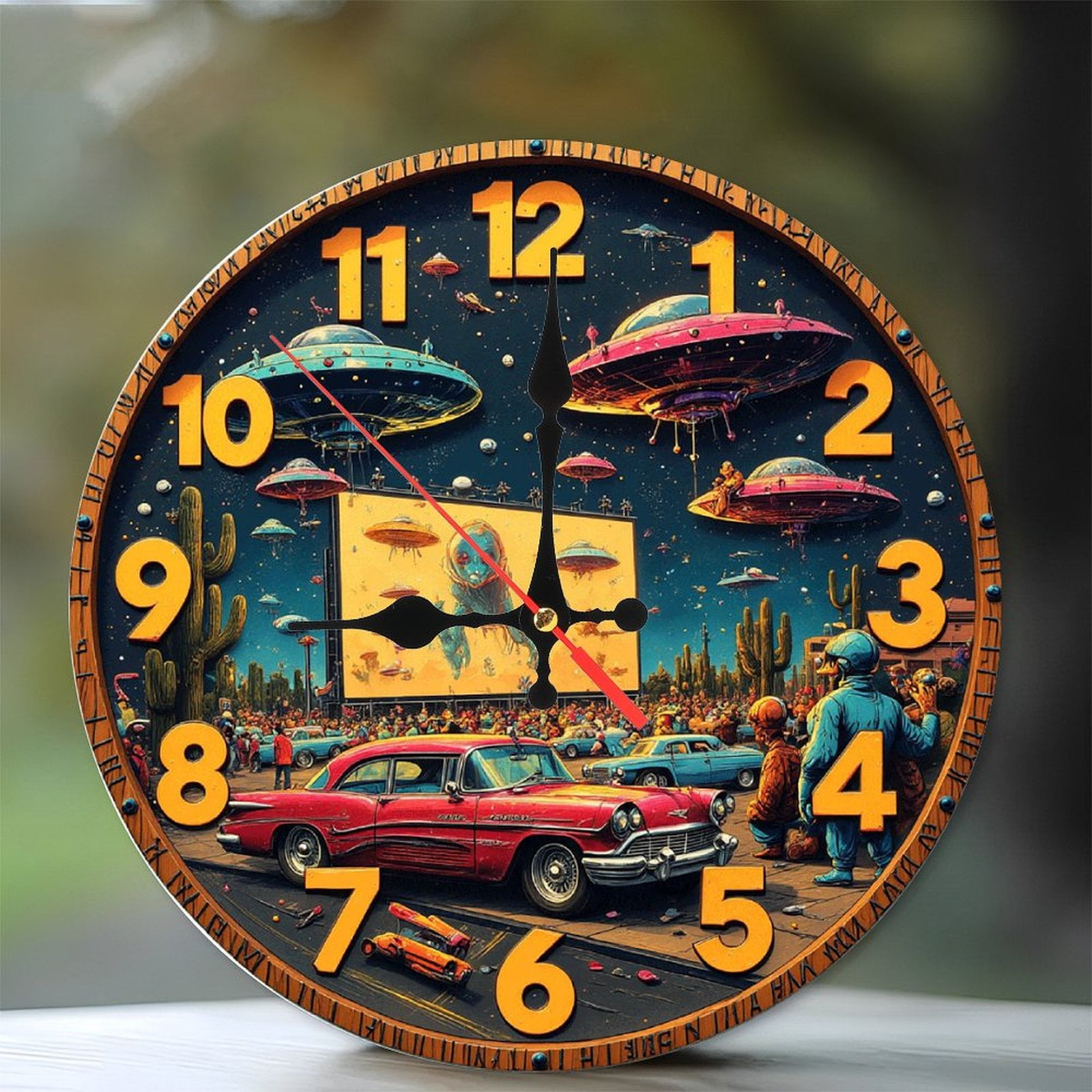 Retro Drive In Movie Clock Alien UFOs 10-Inch Silent Wooden Wall Clock ...