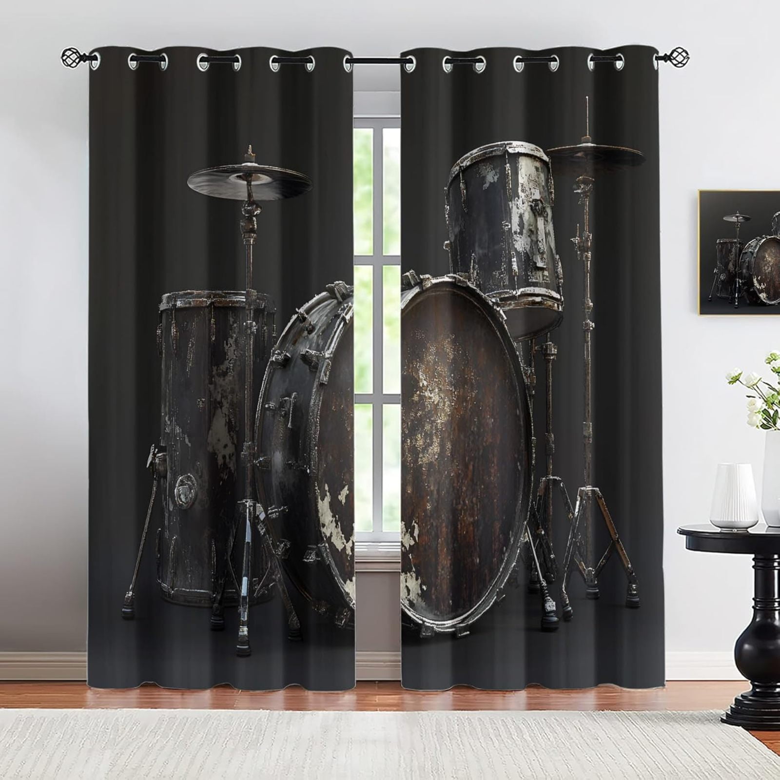 Retro Drums Blackout Curtains For Living Room, Abstract Black Bedroom ...