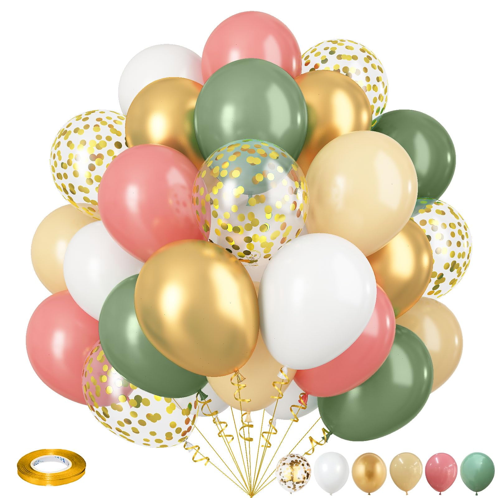 Retro Dusty Pink Sage Green Metallic BSL1 Gold Latex Balloons, 35pcs ...