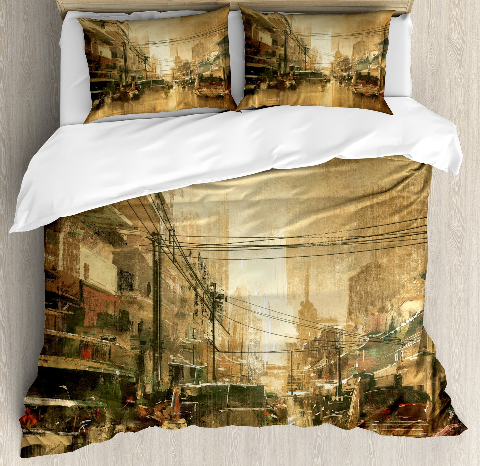 Retro Duvet Cover Set, Acyrlic Style Vintage Old City Street View ...