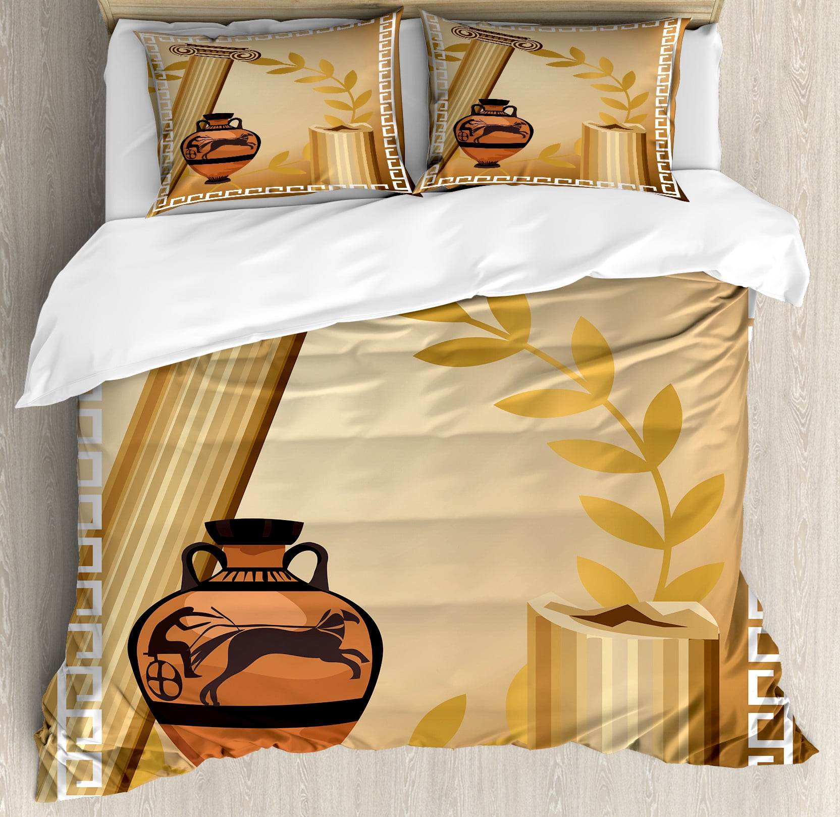 Retro Duvet Cover Set, Antique Greek Columns Vase Olive Branch Hellenic ...