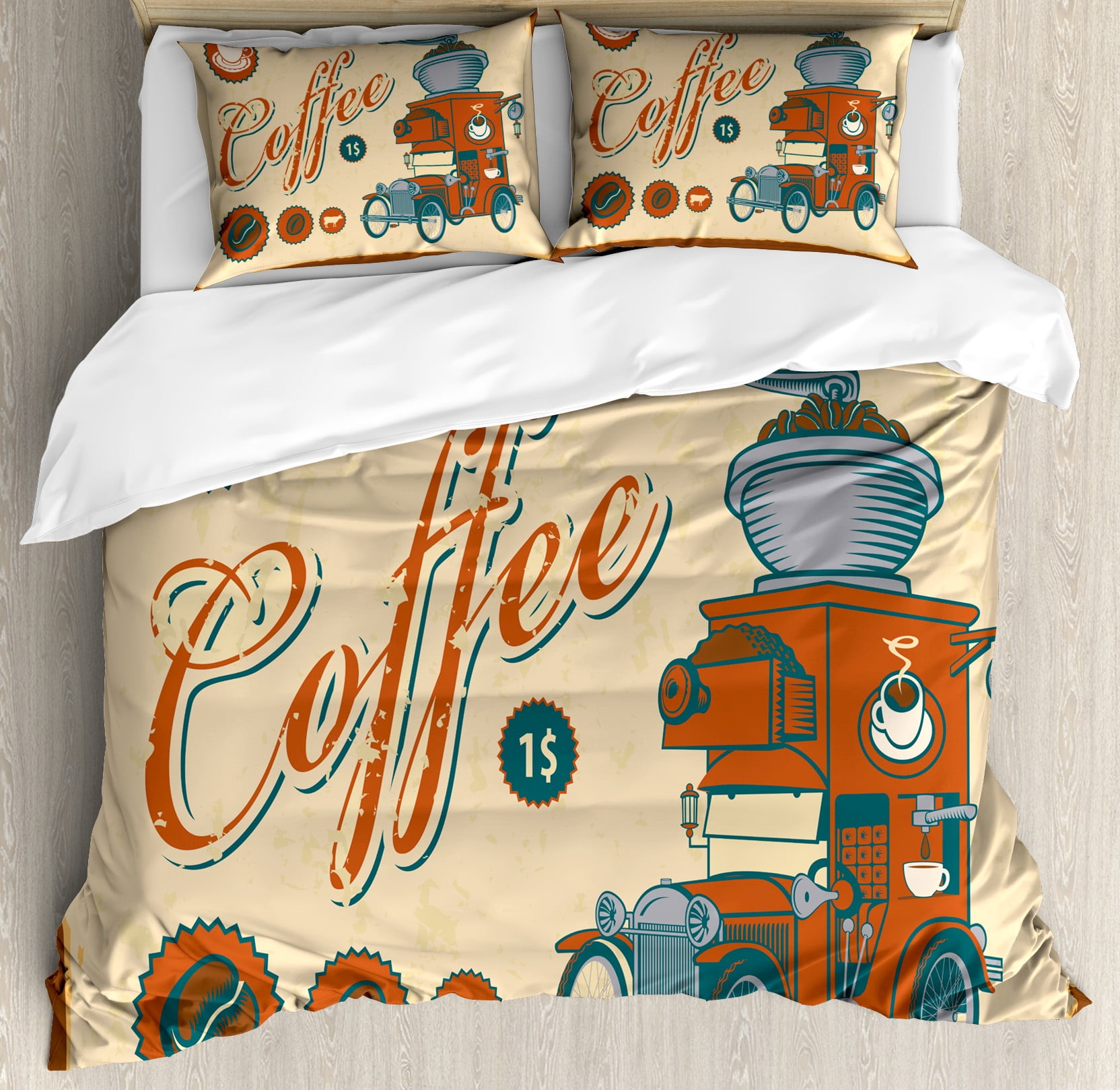 Retro Duvet Cover Set, Commercial Design of Vintage Truck with Coffee ...