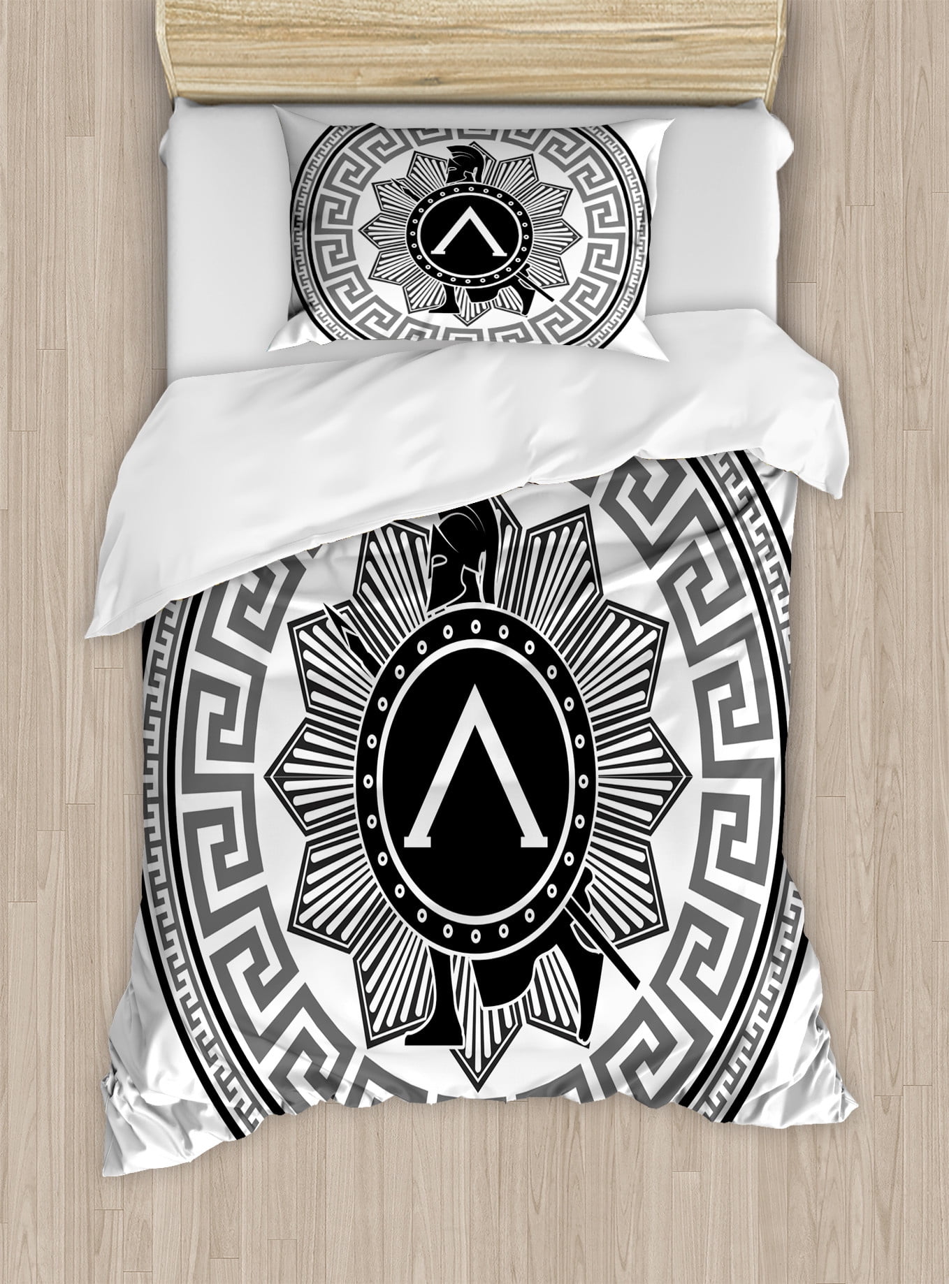 Retro Duvet Cover Set, Concept of Greek Pattern Spartans Silhouette ...