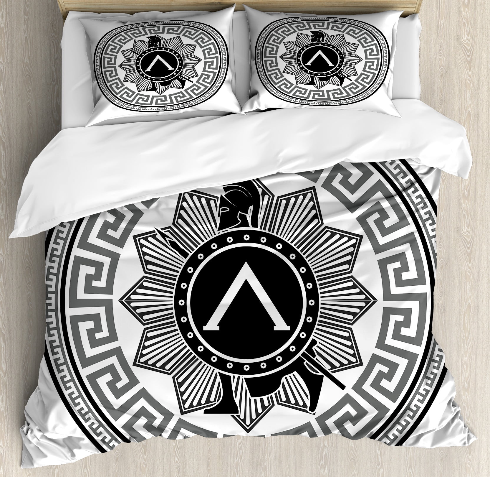 Retro Duvet Cover Set, Concept of Greek Pattern Spartans Silhouette ...