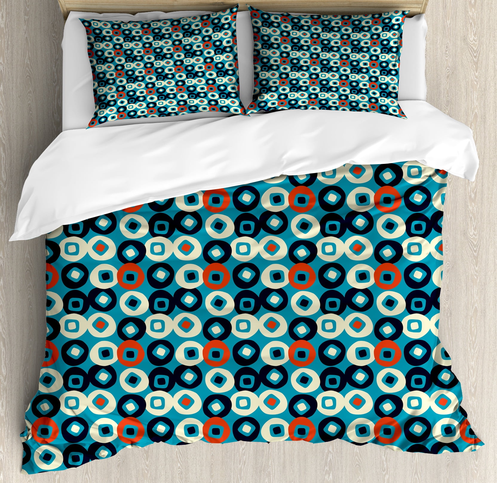 Retro Duvet Cover Set, Funky Disc Shaped Quirky Formless Circles Inner ...