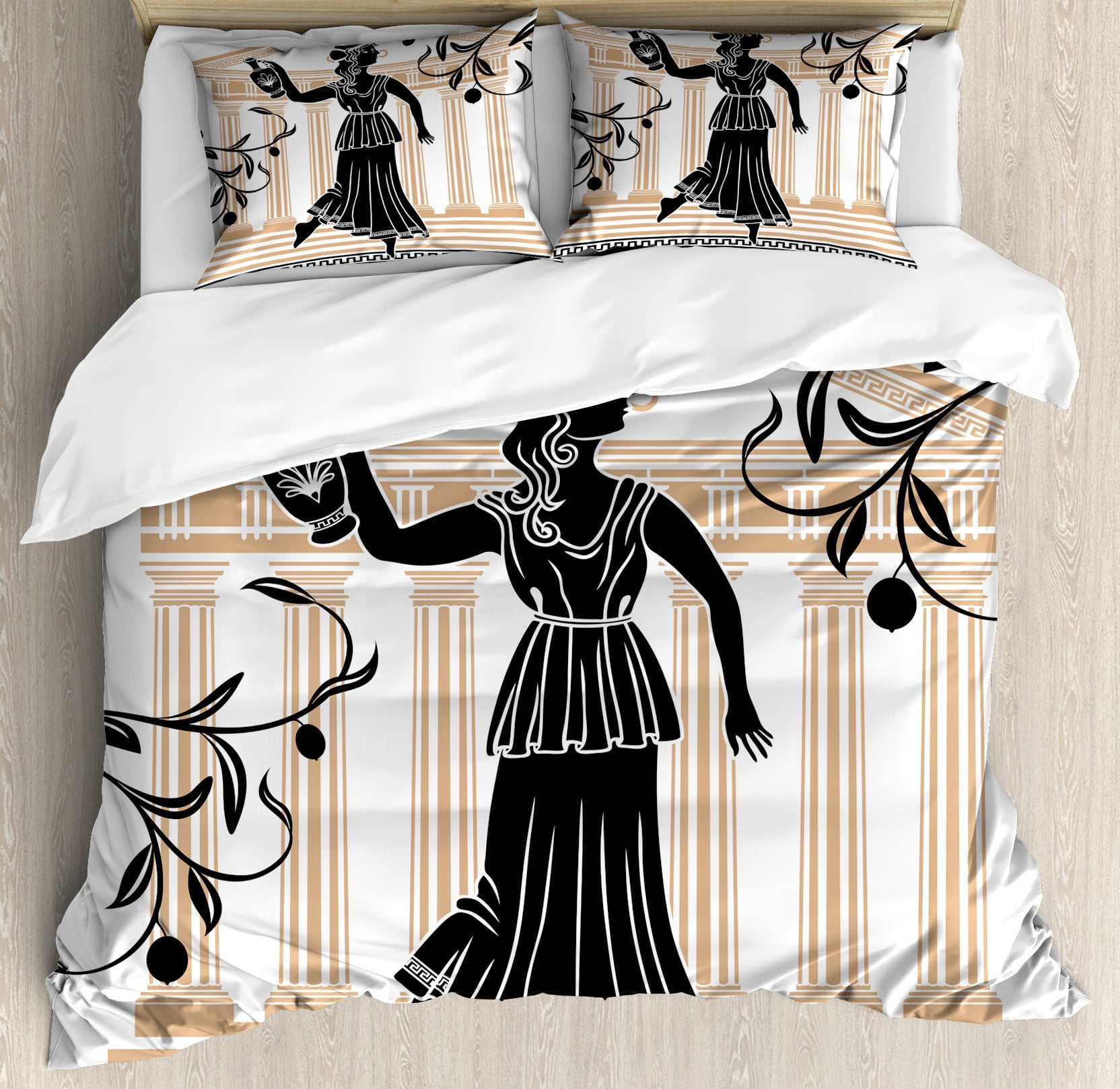 Retro Duvet Cover Set, Greek Woman with Amphora Building and Olive ...
