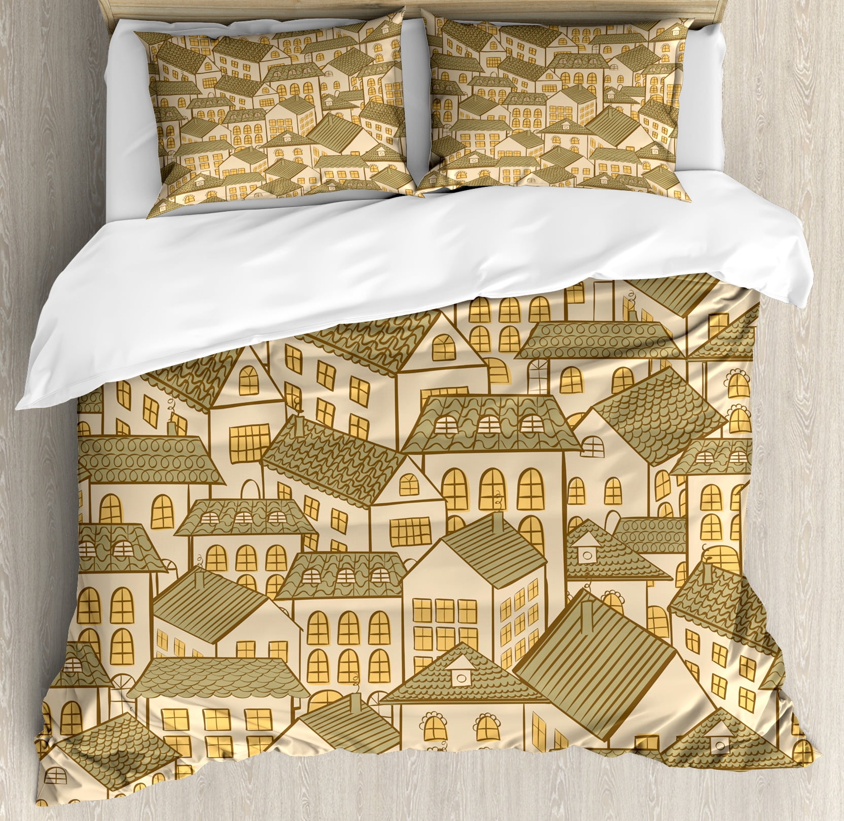 Retro Duvet Cover Set, Hand Drawn Village Town Houses Pattern with ...