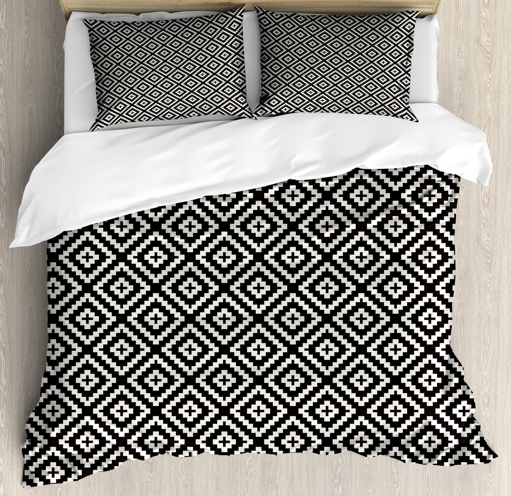 Retro Duvet Cover Set, Monochromatic Ethnic Inspired Pattern of Squared ...