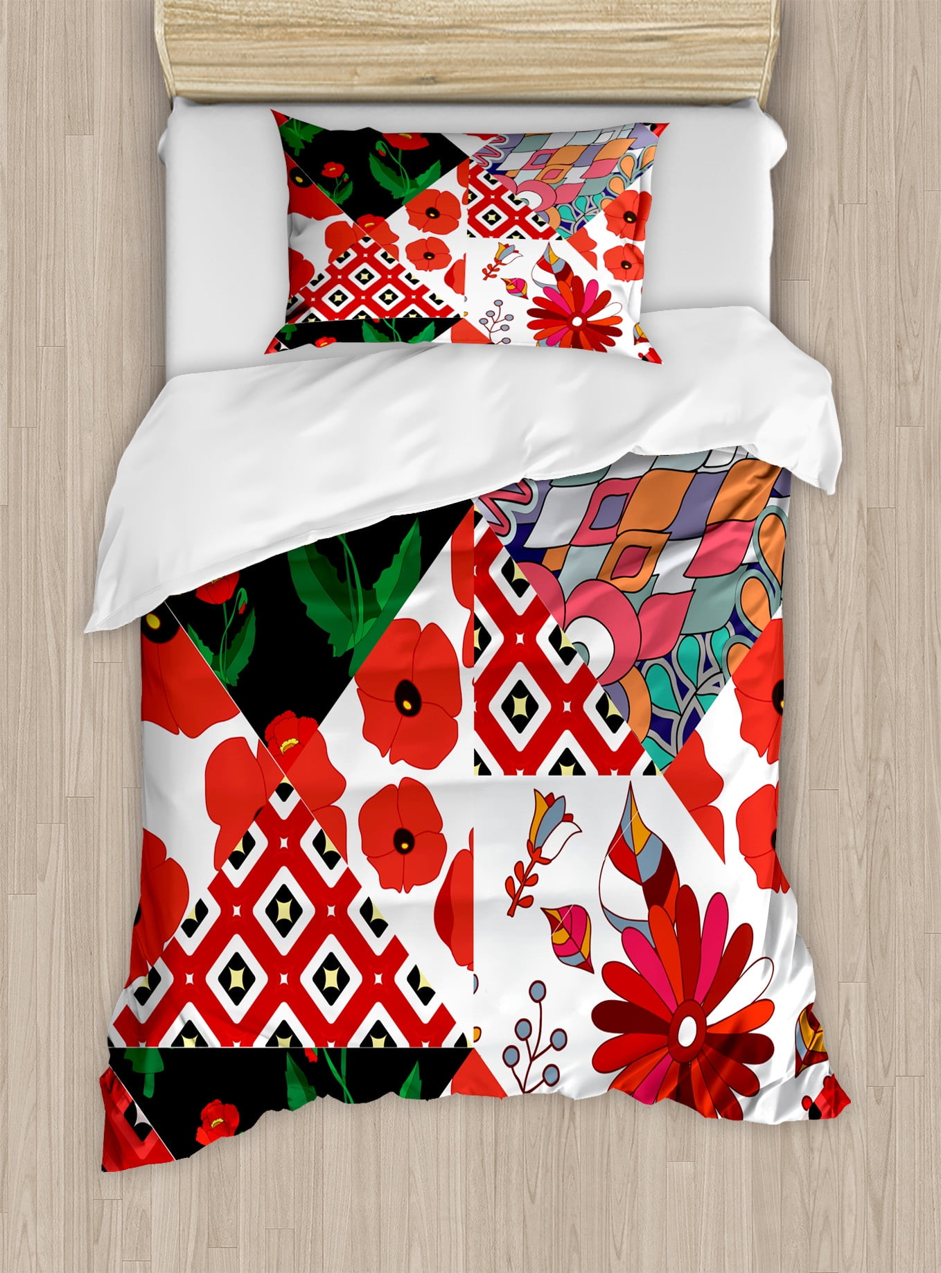Retro Duvet Cover Set, Patchwork Inspired Pattern with Poppy Flowers ...