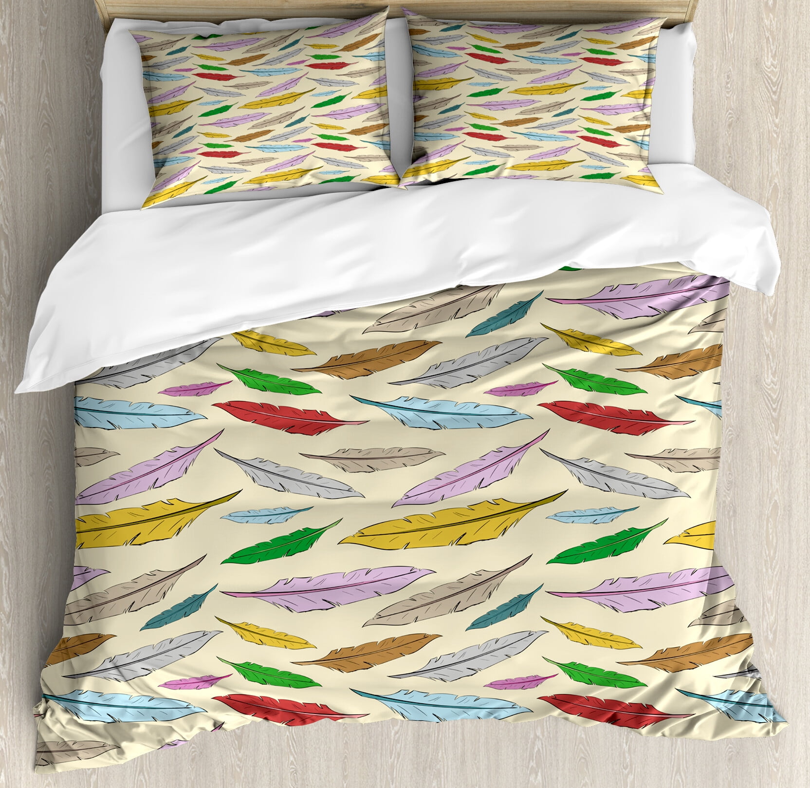 Retro Duvet Cover Set, Print of Cartoon Style Colorful Feathers ...