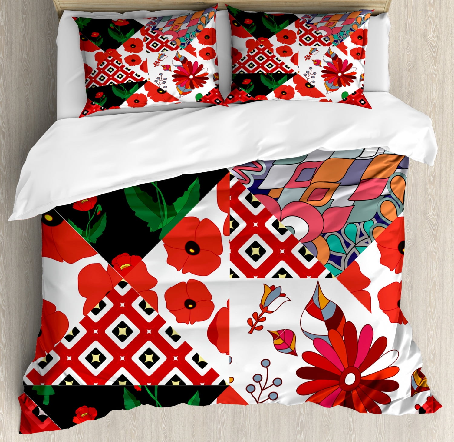Retro Duvet Cover Set, Patchwork Inspired Pattern with Poppy Flowers ...