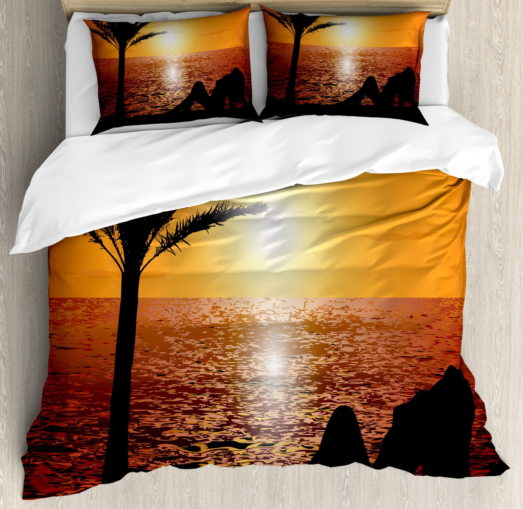 Retro Duvet Cover Set, Silhouette of Lady and Palm Tree on Tropical ...