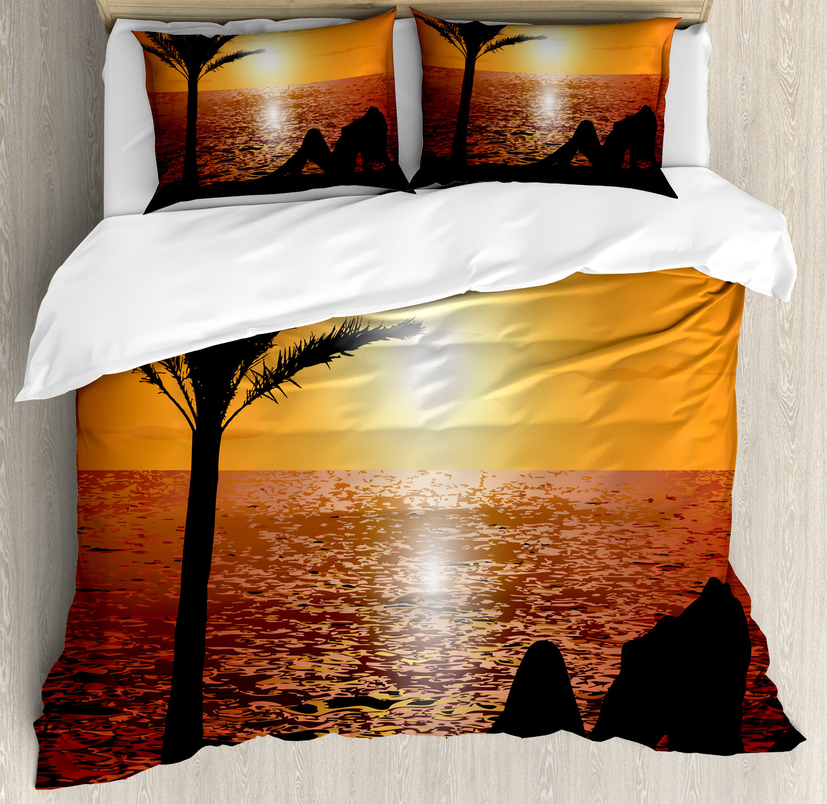 Retro Duvet Cover Set, Silhouette of Lady and Palm Tree on Tropical ...