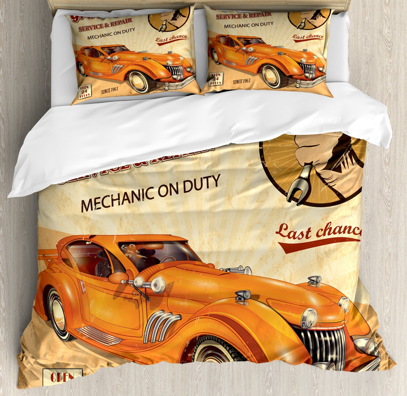 Retro Duvet Cover Set, Vintage Garage Advertising Worn Print with ...