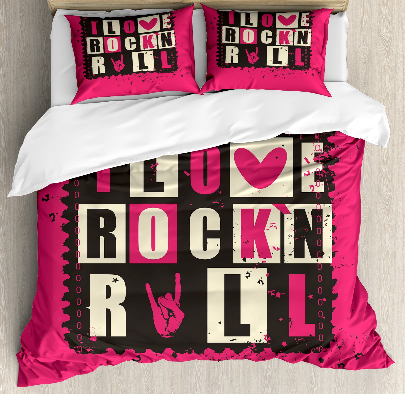 Retro Duvet Cover Set, Vintage Letters I Love Rock n' Roll on Grunge ...