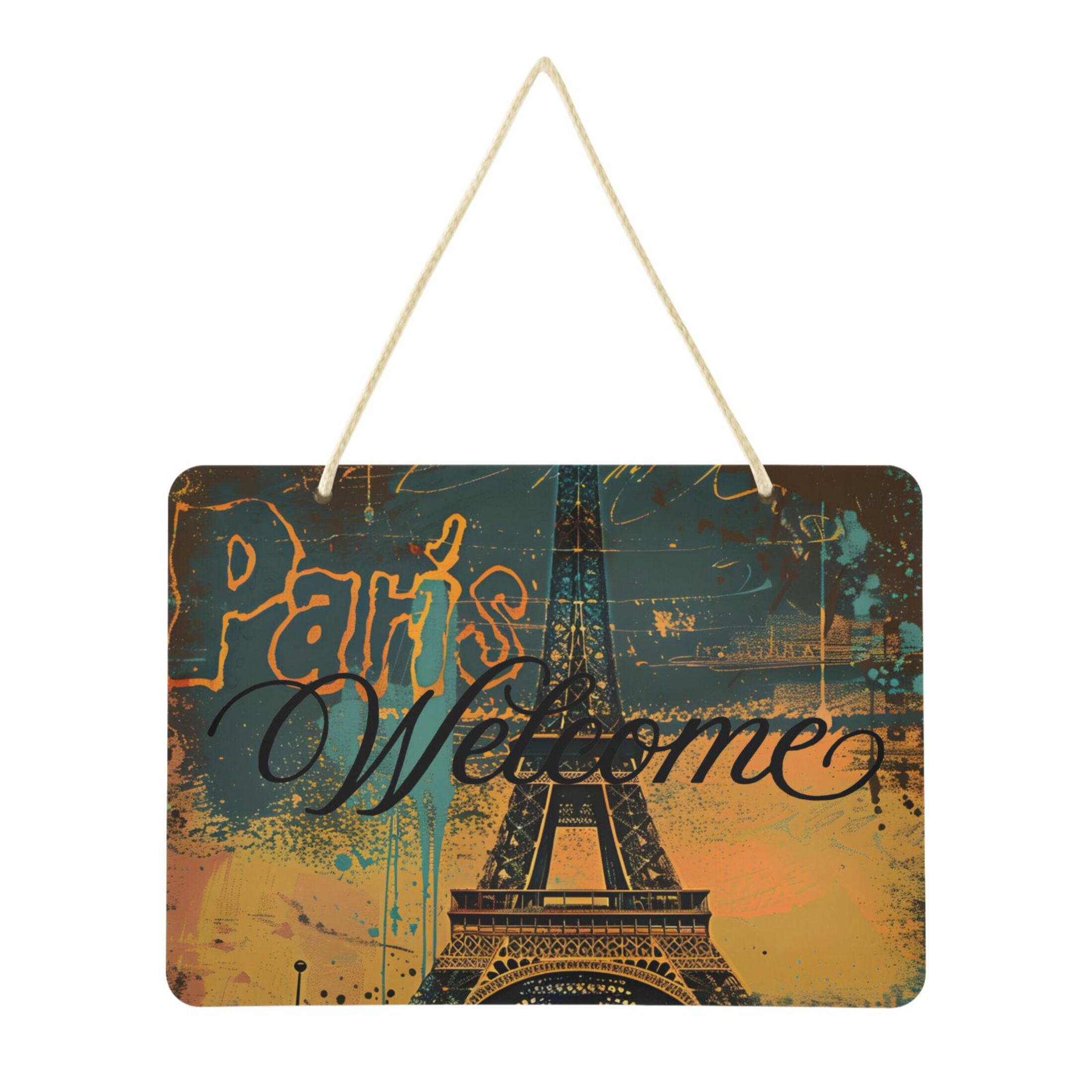 Retro Eifel Tower Welcome Sign Front Door PVC 14x10 inch Hanger Hello ...