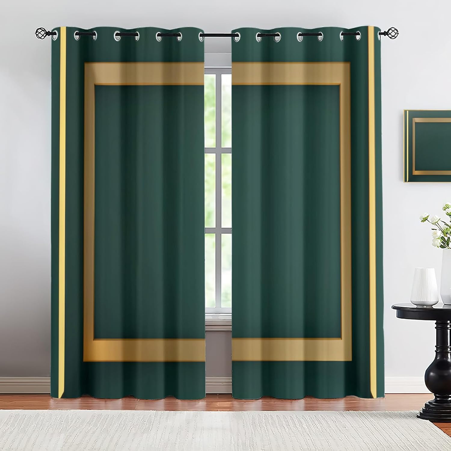Retro Emerald Green Blackout Privacy Drapes, Golden Lines Geometry ...