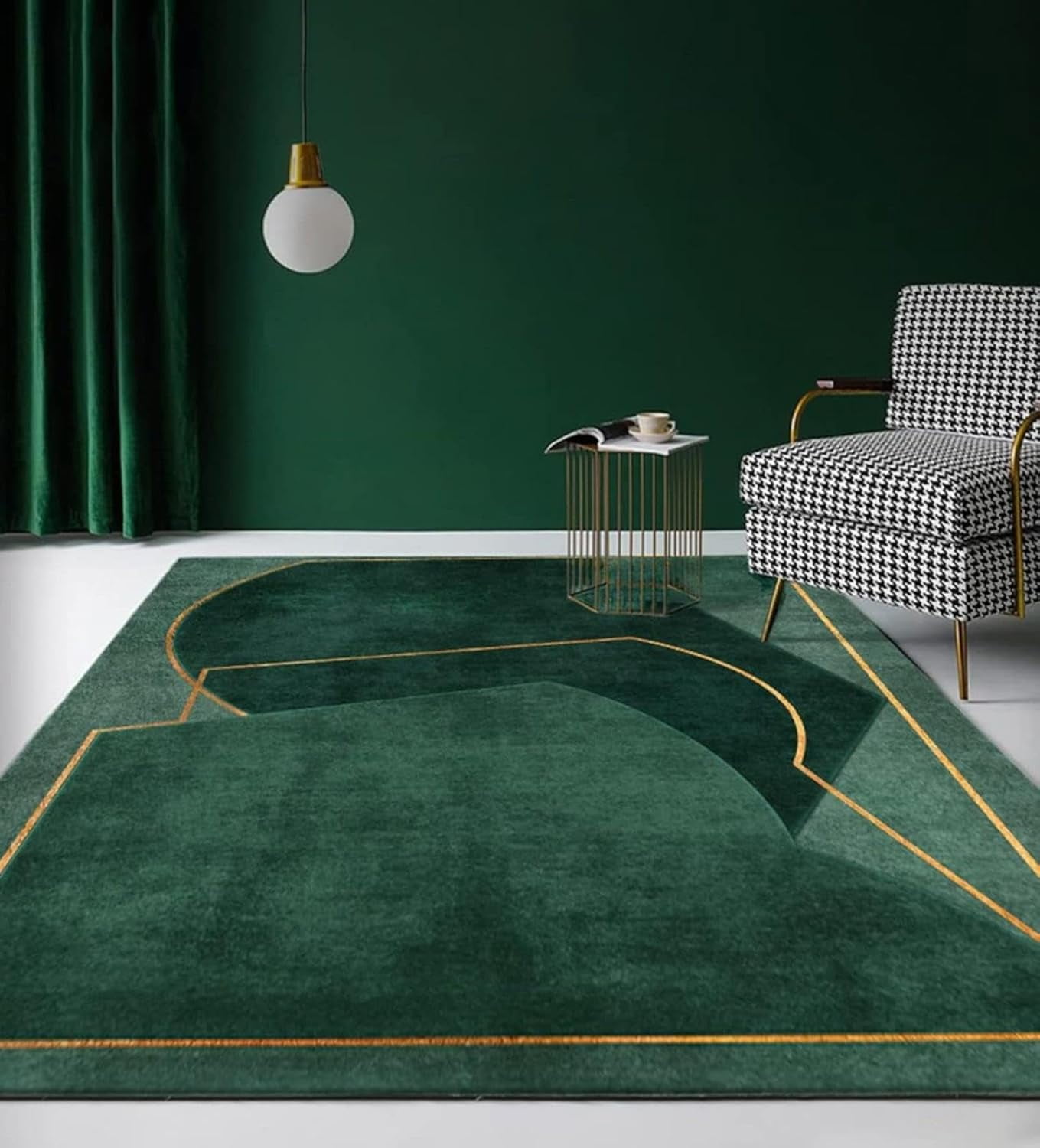 Retro Emerald Green Gradient Geometry Bedroom Rug, Abstract Luxury Gold ...