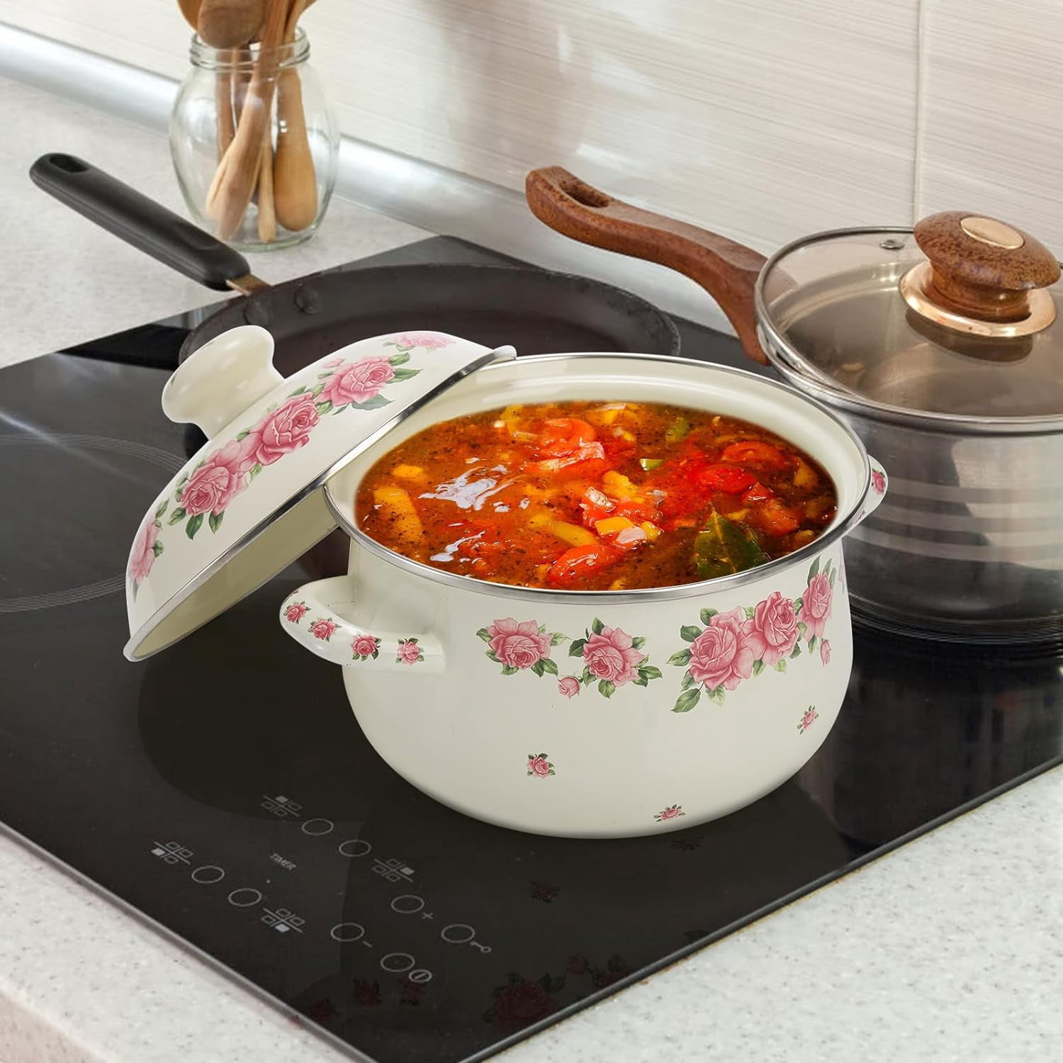 Retro Enamel Stockpot with Lid, 2.8 Quart Cooking Pot for Induction ...