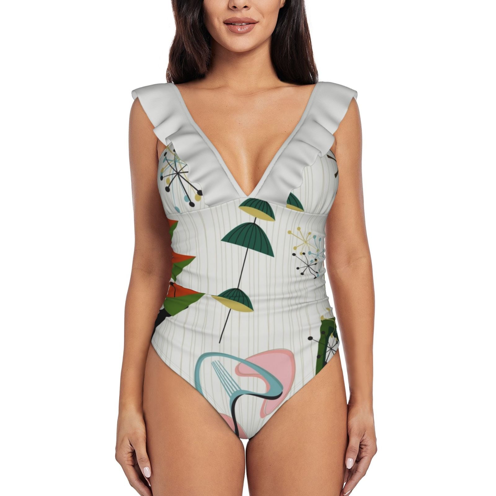 Retro Era Atomic Inspired Black Mesh Swimsuit One Piece Backless