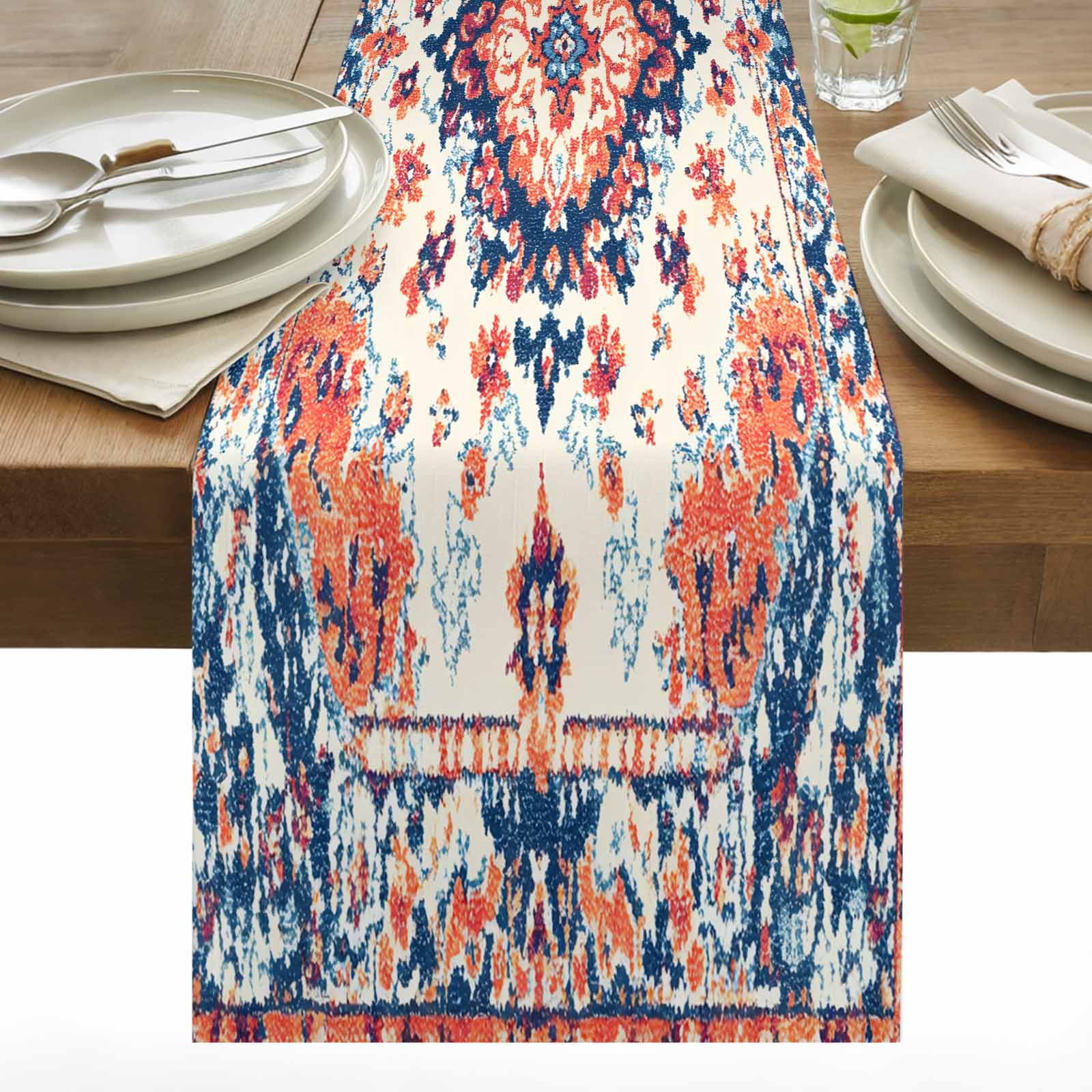 Retro Ethnic Leaves Table Runner 13x90 inch Orange Blue Floral Texture ...