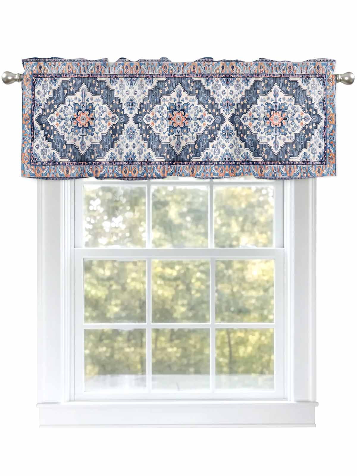 Retro Ethnic Style Curtain Valances for Windows, Boho Blue Flowers ...