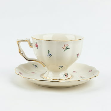 Porcelain Tea Cup and Saucers, Set of 2 8 Oz Floral Coffee Mug with ...