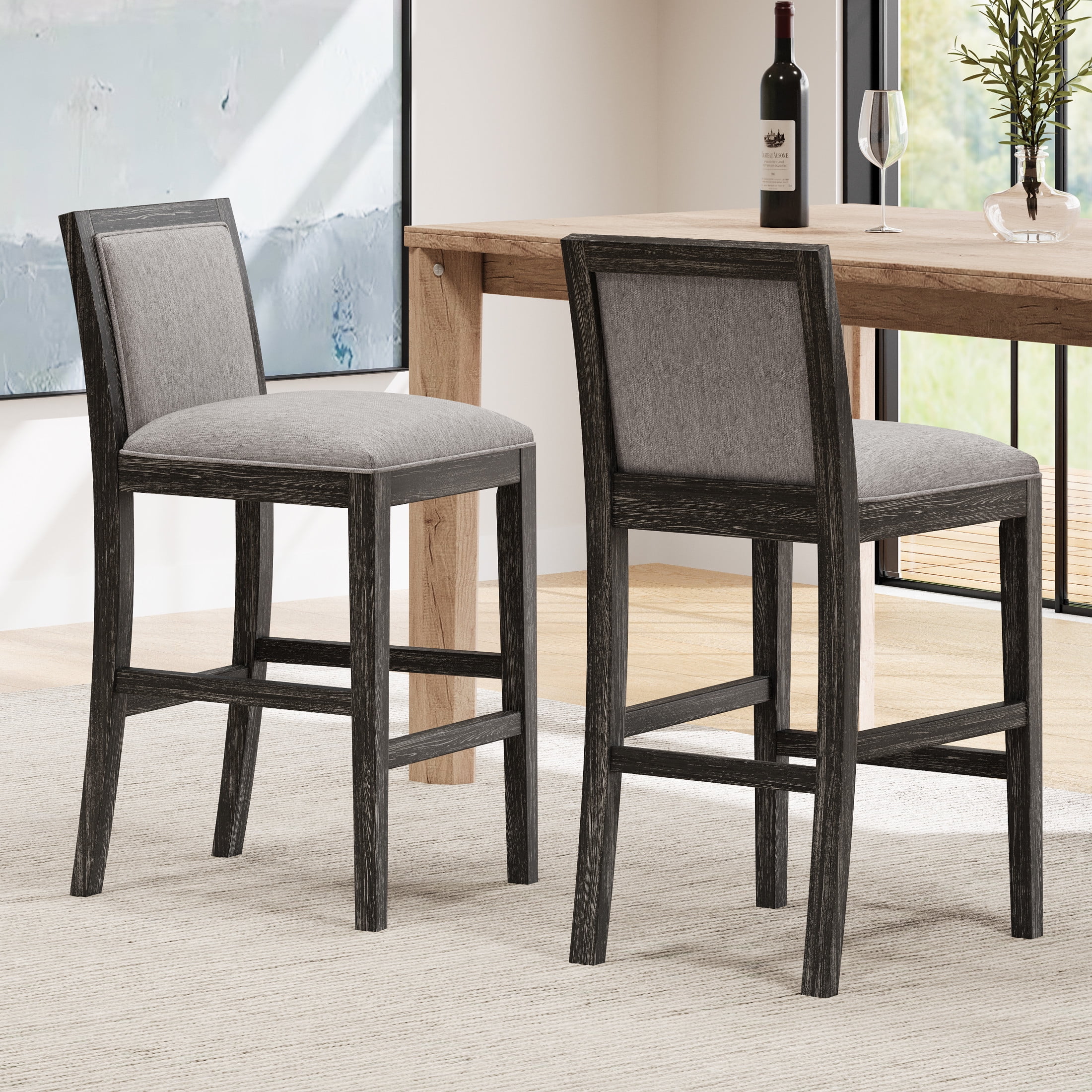 Retro Fabric Upholstered Counter Stools with Distressed Rubberwood Legs ...