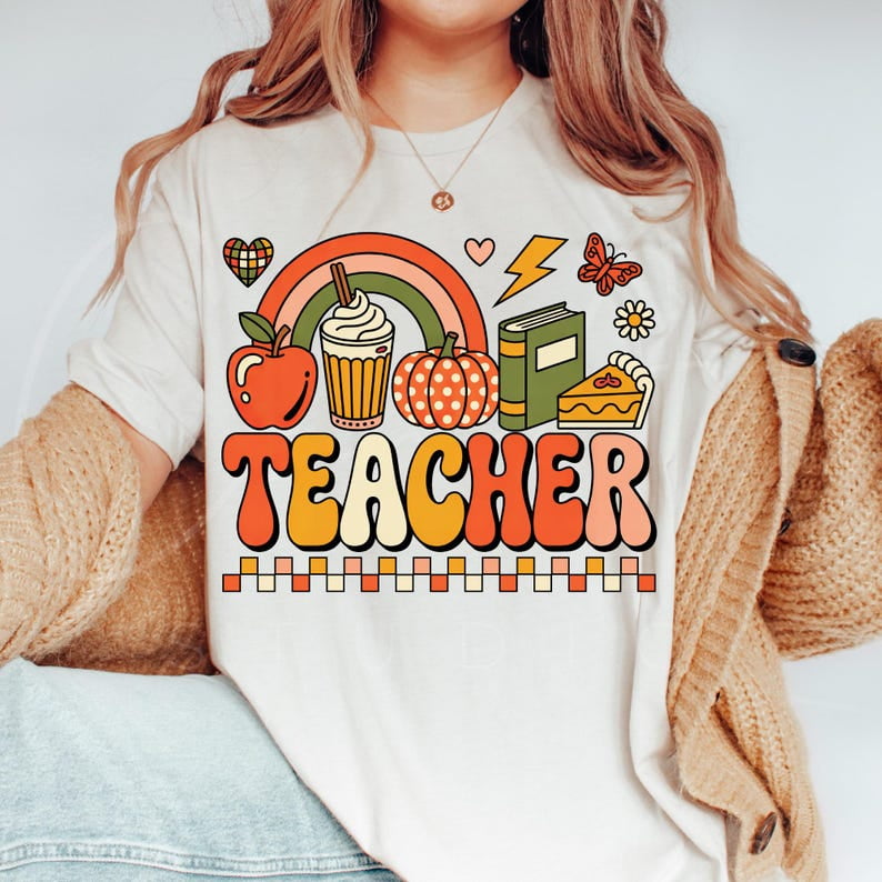 Retro Fall Teacher Png, Autumn School Sublimation T-Shirt Design ...