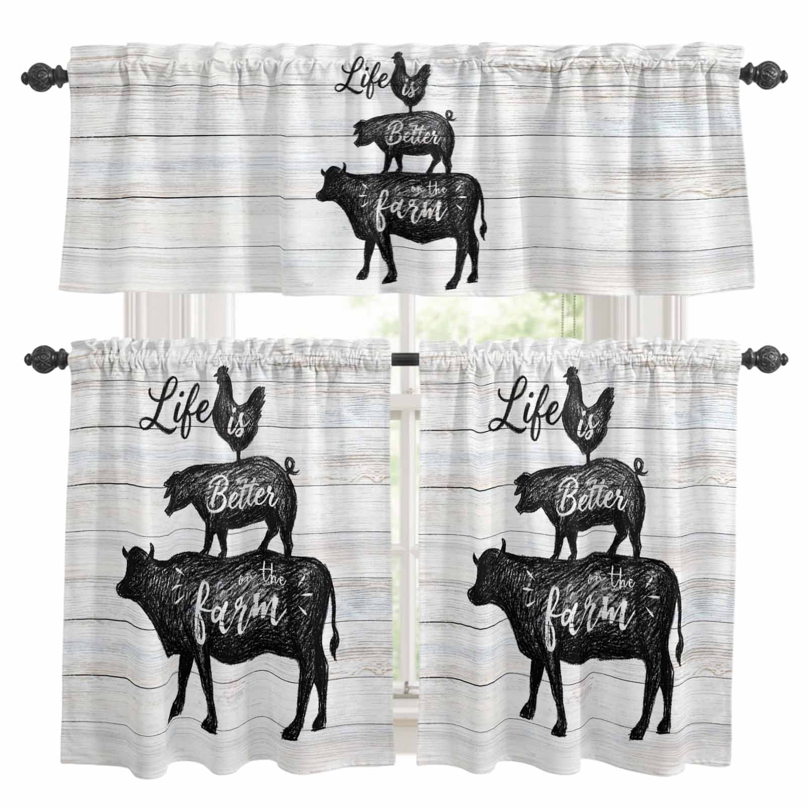 Retro Farm Kitchen Curtains Valances and Tiers Set of 3 Chicken Pig Cow ...