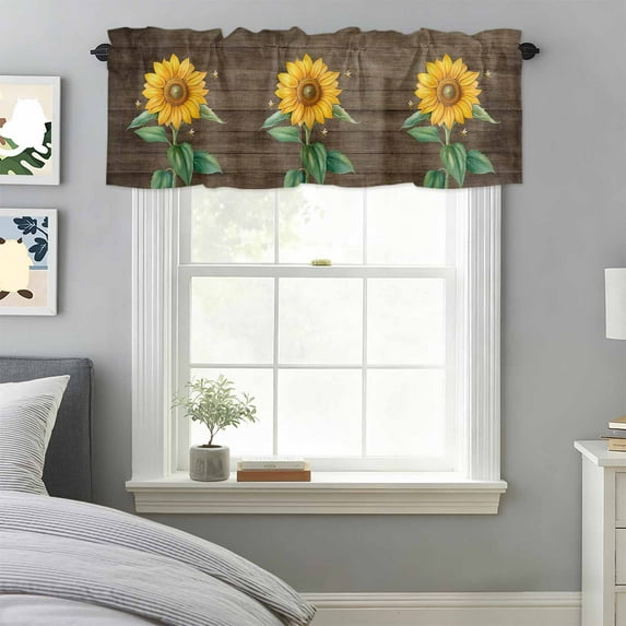 Retro Farm Sunflower Leaves Bee Valances for Windows,Rod Pocket Valance ...