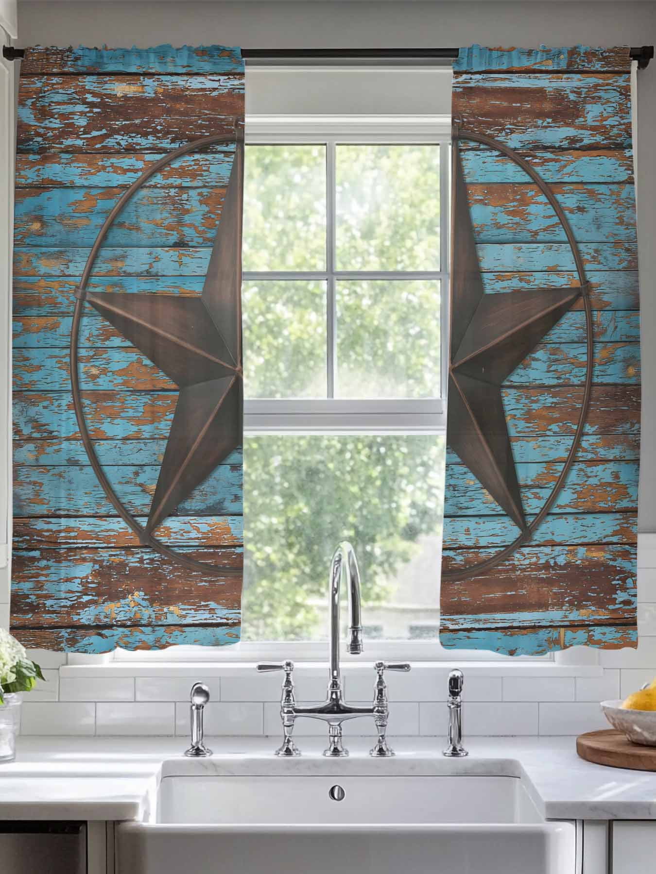 Retro Farm Texas Star Chiffon Sheer Curtains 63 Inches Long, Shabby ...