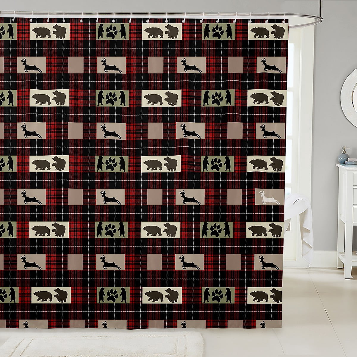 Retro Farmhouse Bear Deer Patchwork Grid Bath Curtain,Country Lodge ...