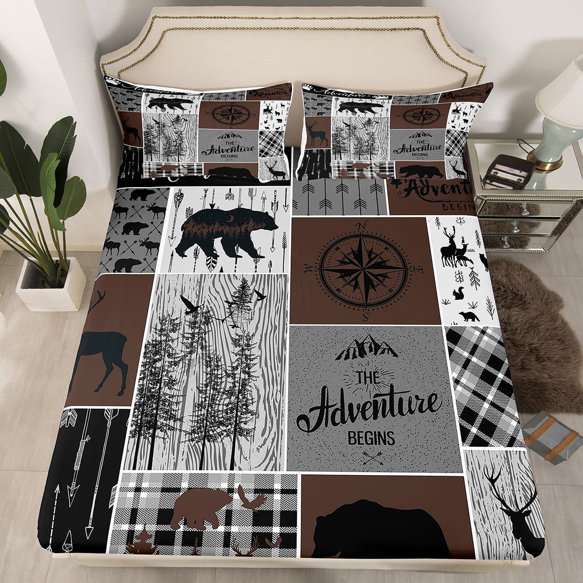 Retro Farmhouse Cabin Fitted Sheet 2Pcs, Rustic Bear Deer Bedding Set ...