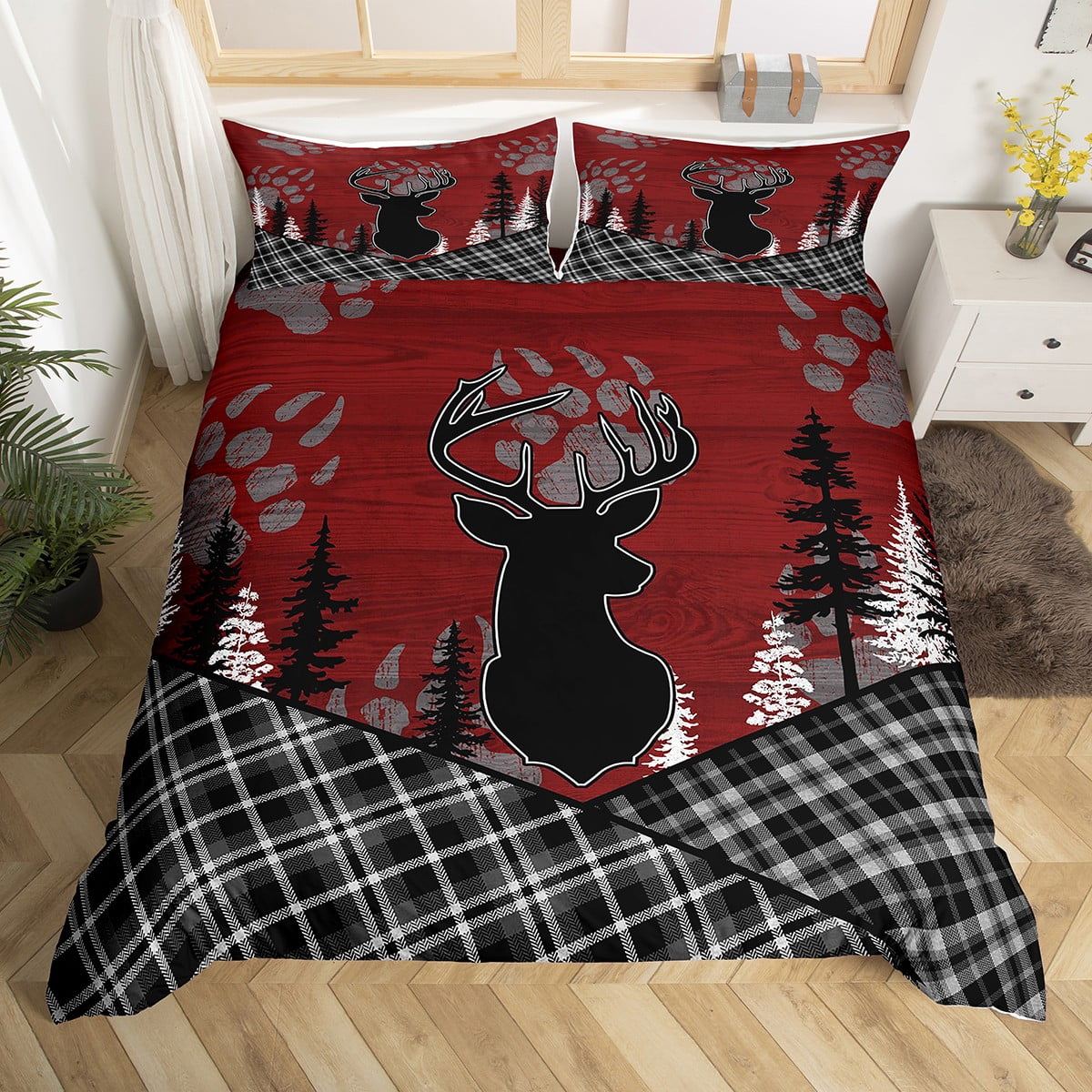 Retro Farmhouse Comforter Cover Deer Patchwork Bedding Set,Red Wood ...