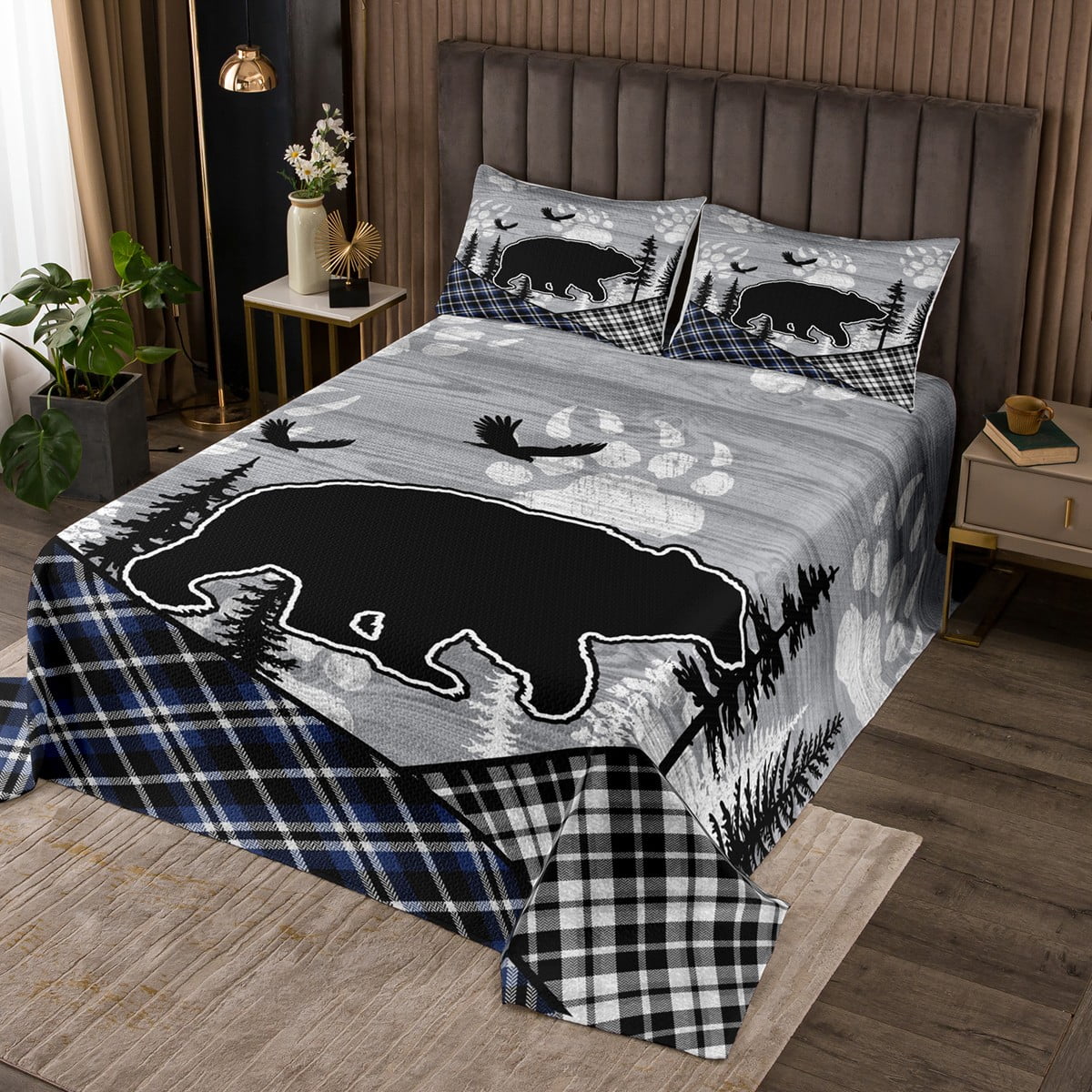 Retro Farmhouse Coverlet Set Bear Patchwork Bedspread Set,Grey Wood ...