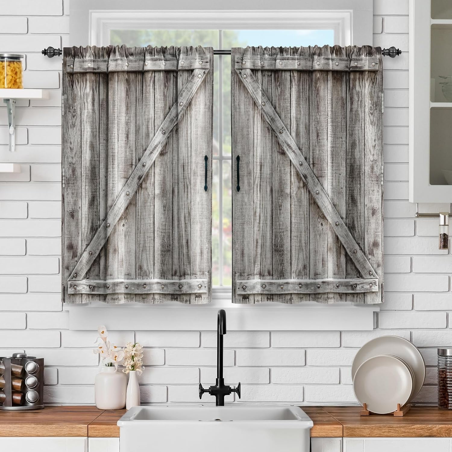 Retro Farmhouse Kitchen Curtains: Old Wooden Barn Door Curtains Short ...