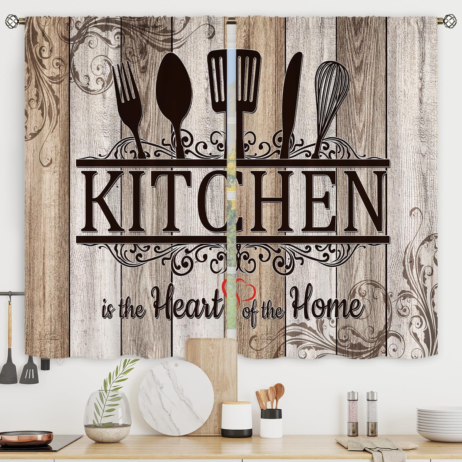 Retro Farmhouse Kitchen Curtains Short Small Funny Quotes Rustic Wooden ...