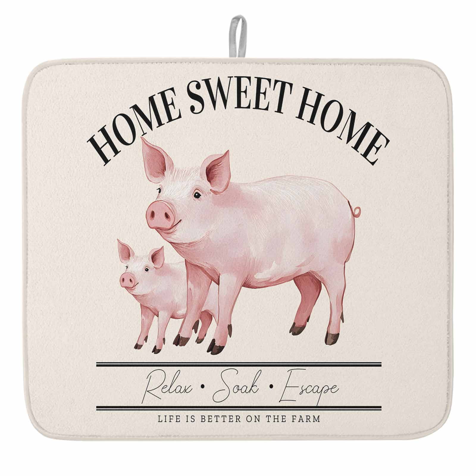 Retro Farmhouse Pig Dish Drying Mat, Home Sweet Home Absorbent Dish ...