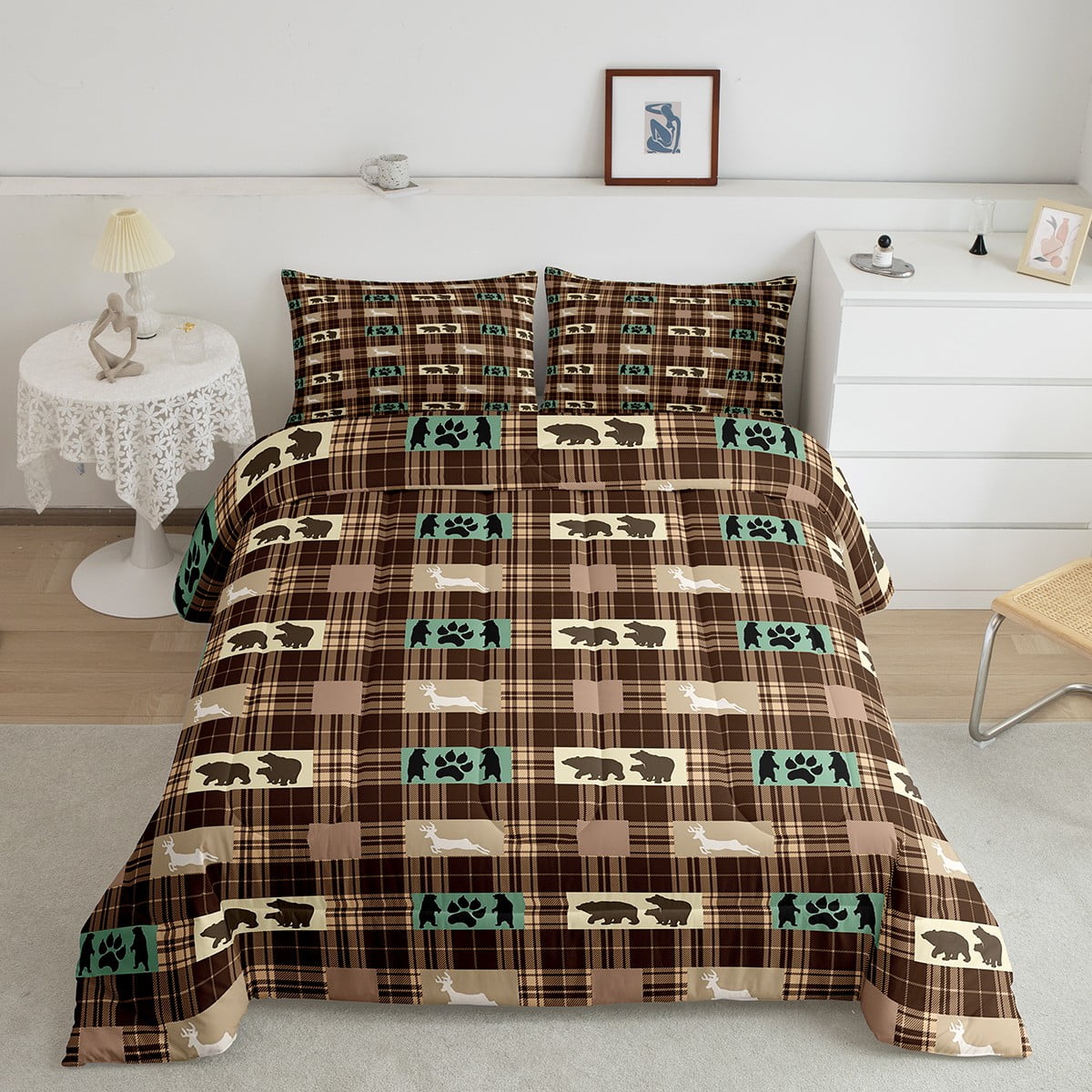 Retro Farmhouse Quilt Bear Deer Patchwork Grid Bedding Set,Country ...