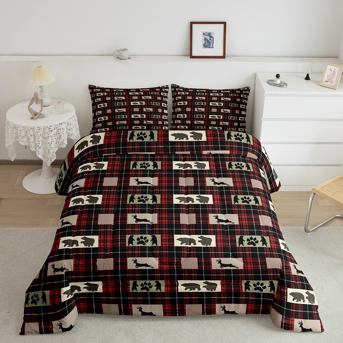 Retro Farmhouse Quilt Bear Deer Patchwork Grid Bedding Set,Country ...