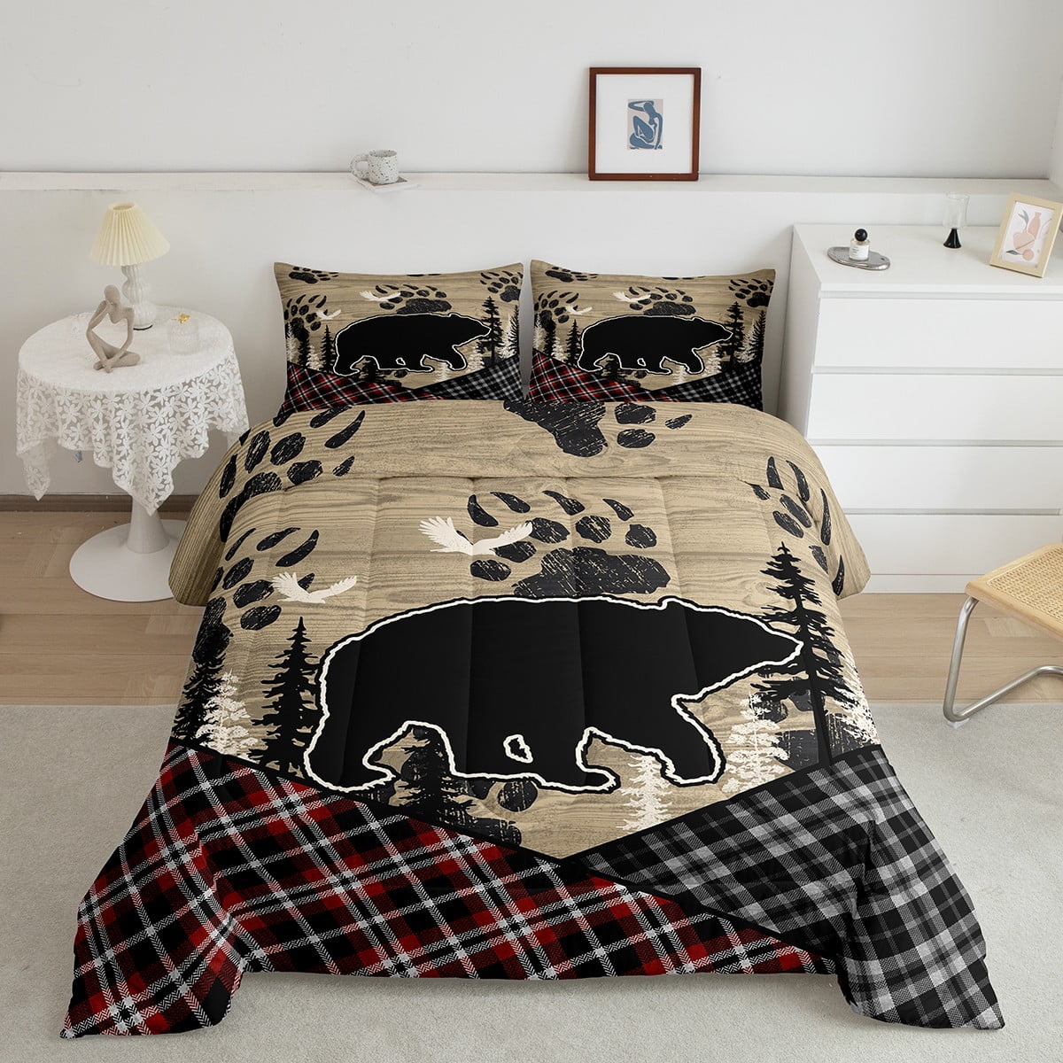 Retro Farmhouse Quilt Bear Patchwork Bedding Set,Brown Wood Country ...