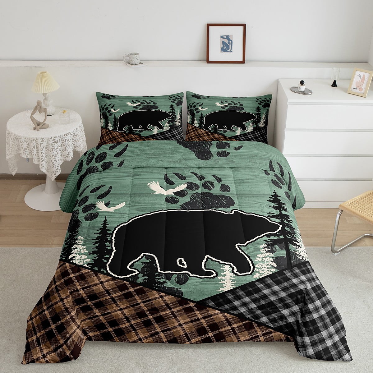 Retro Farmhouse Quilt Bear Patchwork Bedding Set,Green Wood Country ...