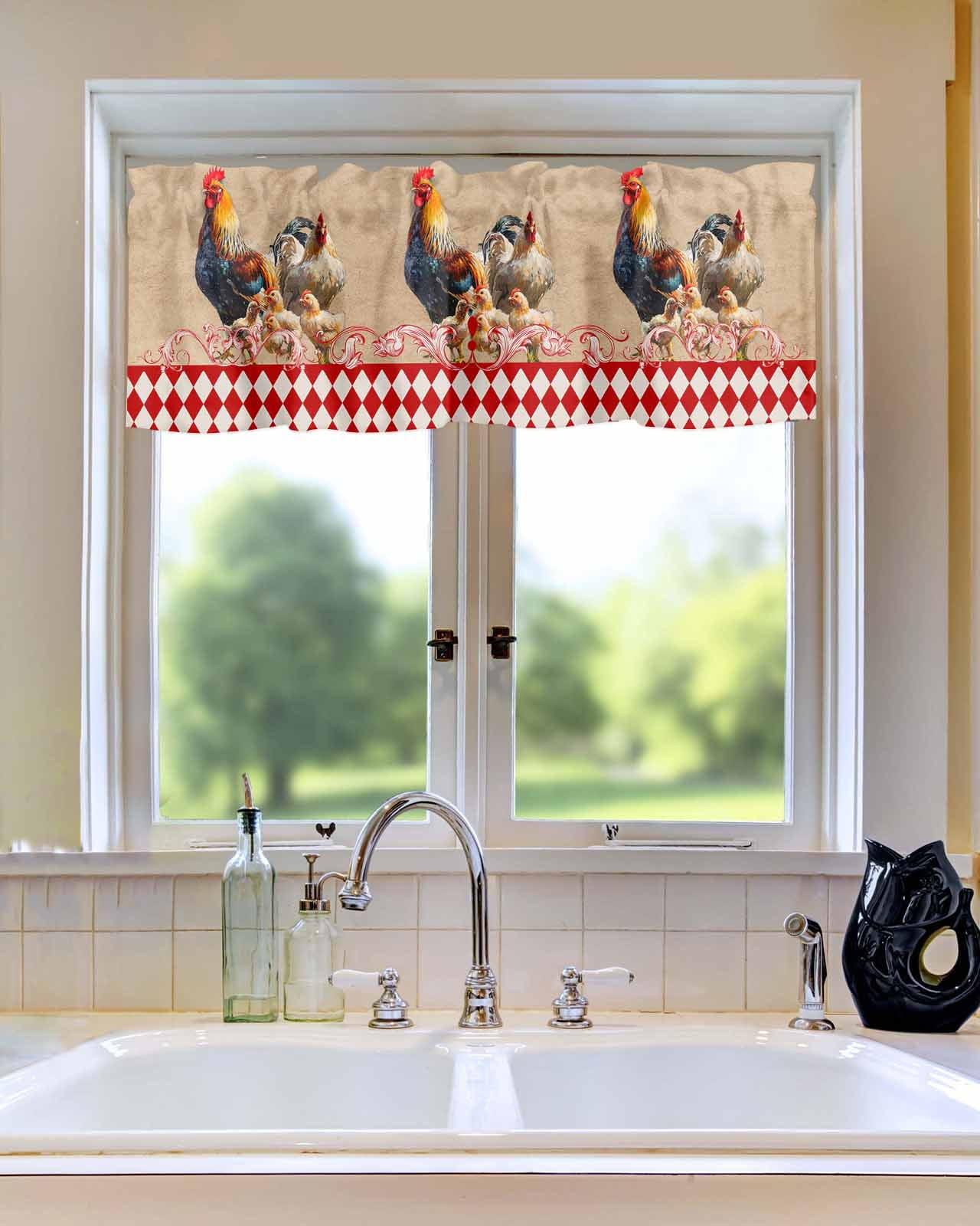 Retro Farmhouse Rooster Hen Chick Window Valances for Kitchen,Rod ...