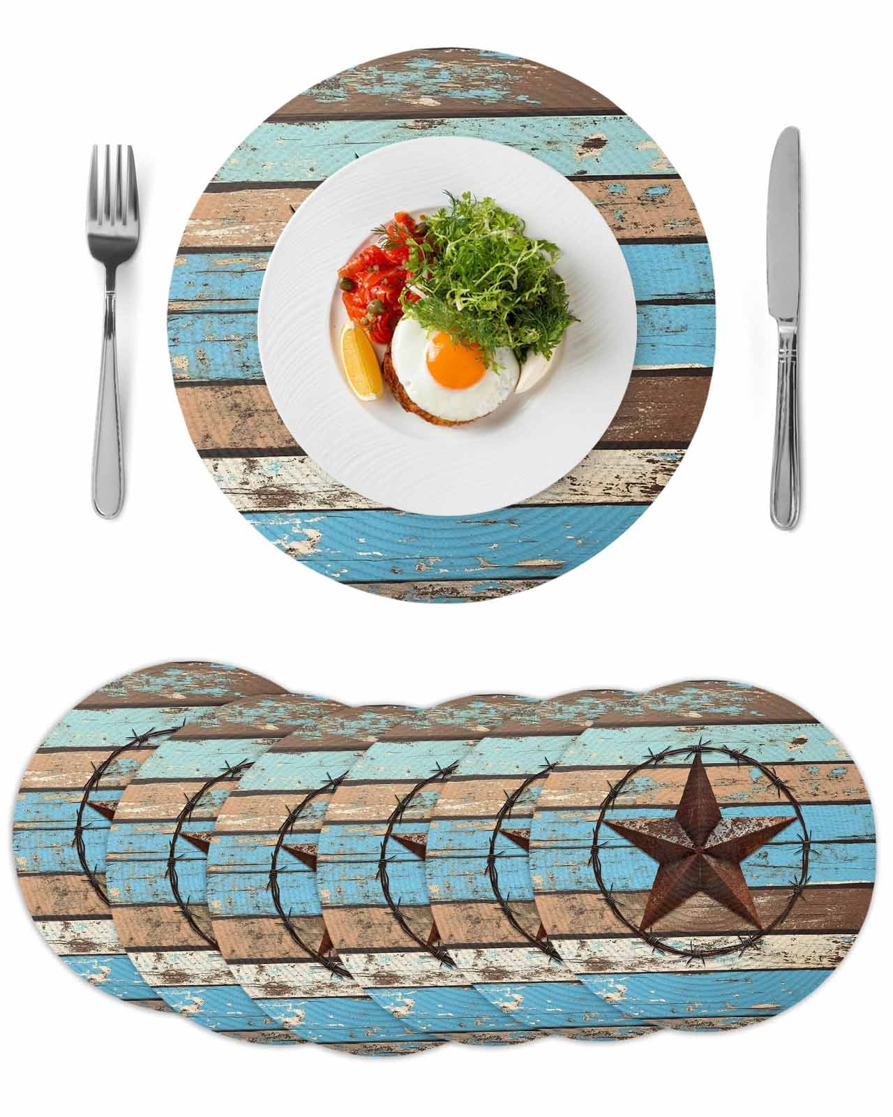 Retro Farmhouse Round Table Placemats set of 6, Barn Star Wood Texture ...