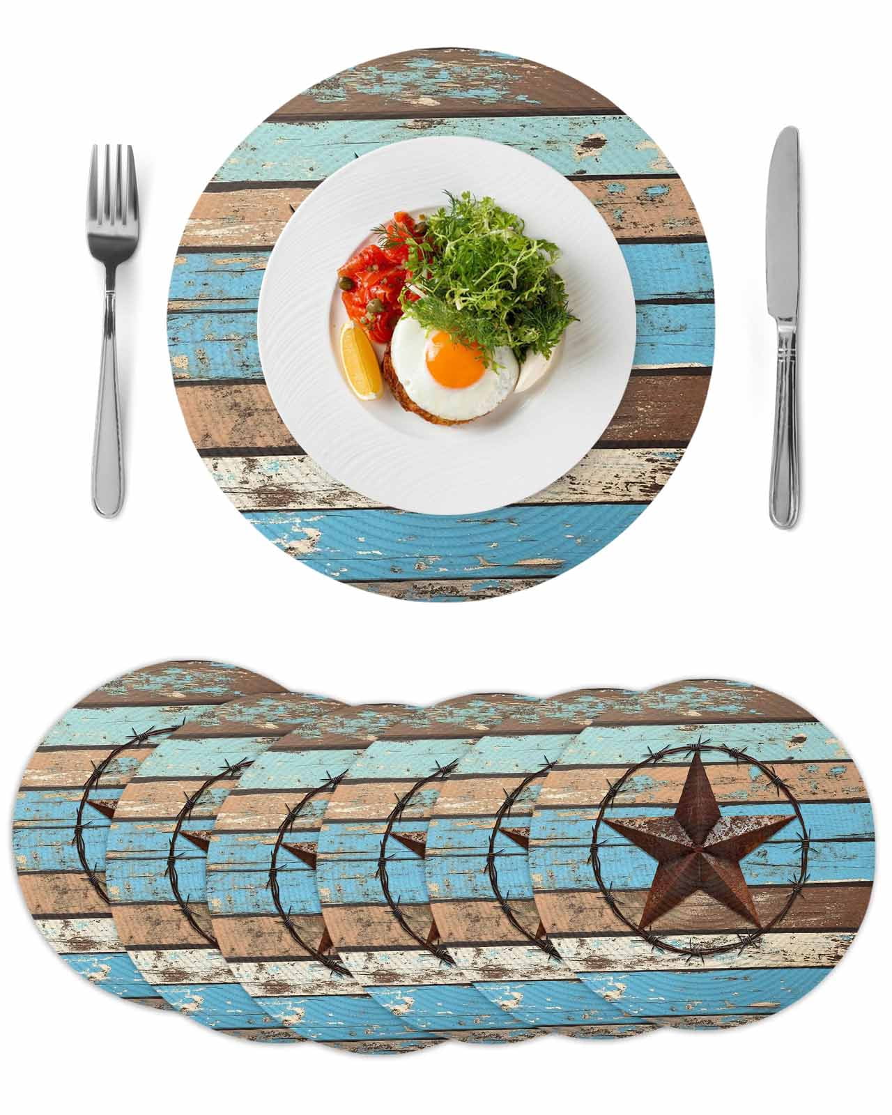Retro Farmhouse Round Table Placemats set of 6, Barn Star Wood Texture ...