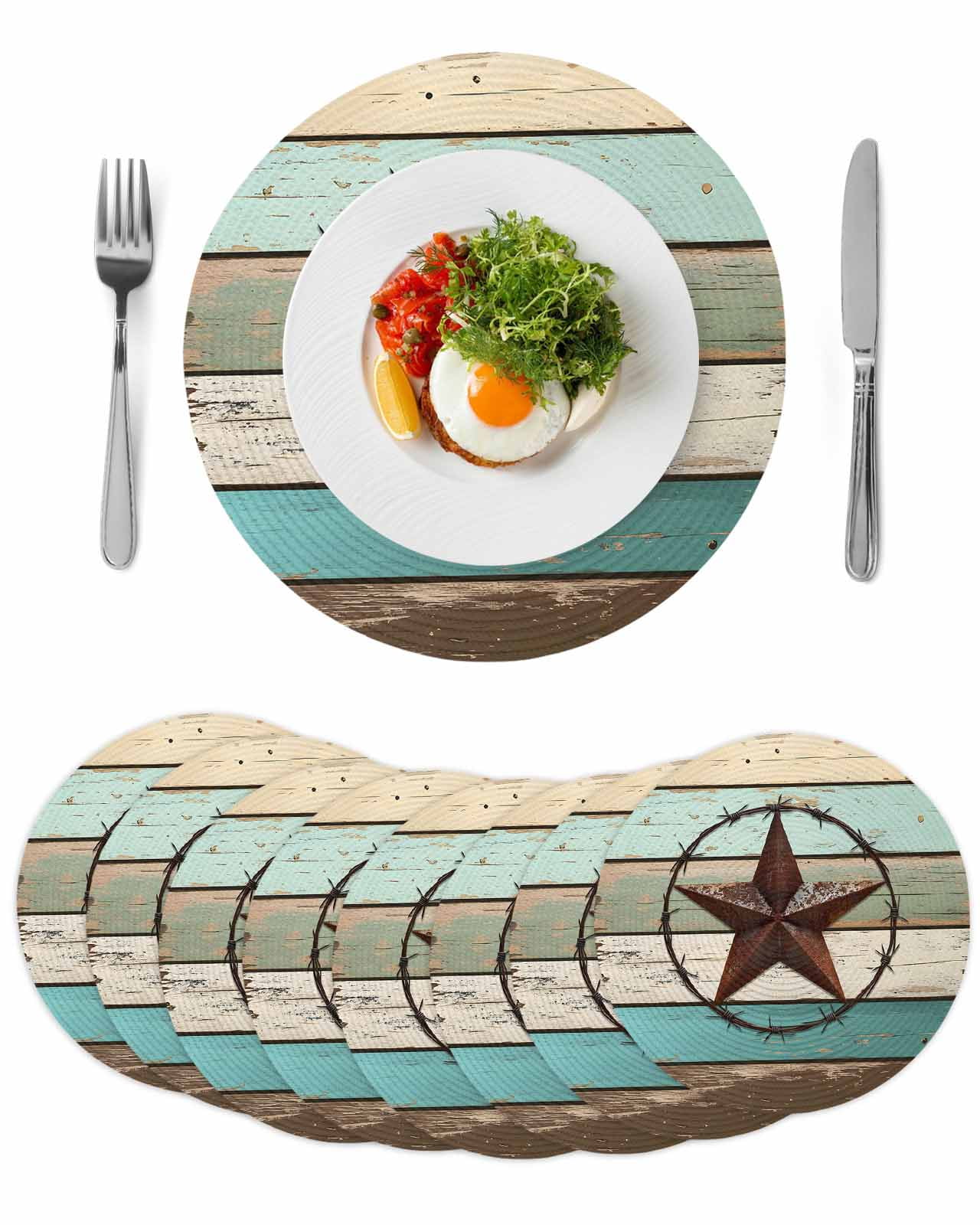 Retro Farmhouse Round Table Placemats set of 8, Barn Star Wood Texture ...