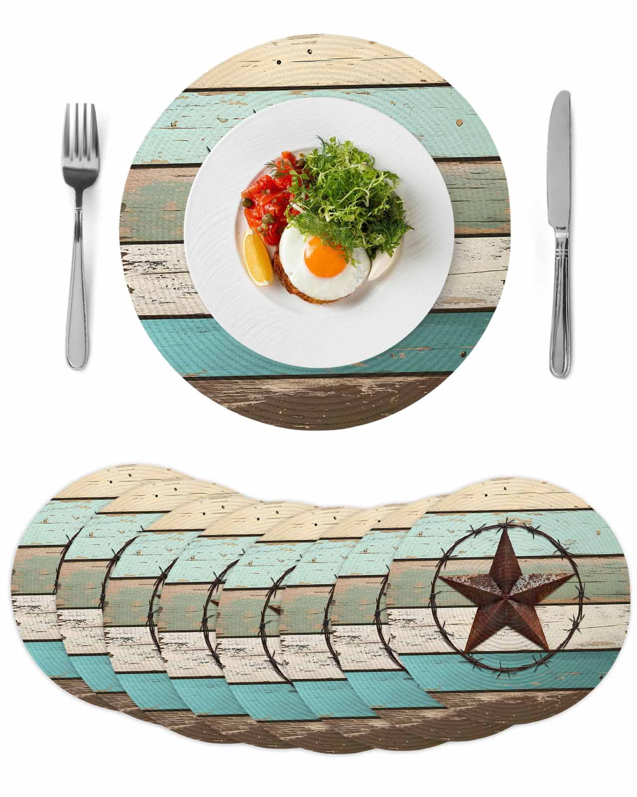Retro Farmhouse Round Table Placemats set of 8, Barn Star Wood Texture ...