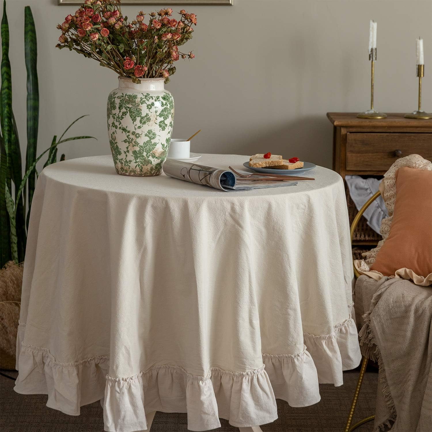 Retro Farmhouse Ruffle Round Tablecloth Cotton Flounces Trim Washable ...