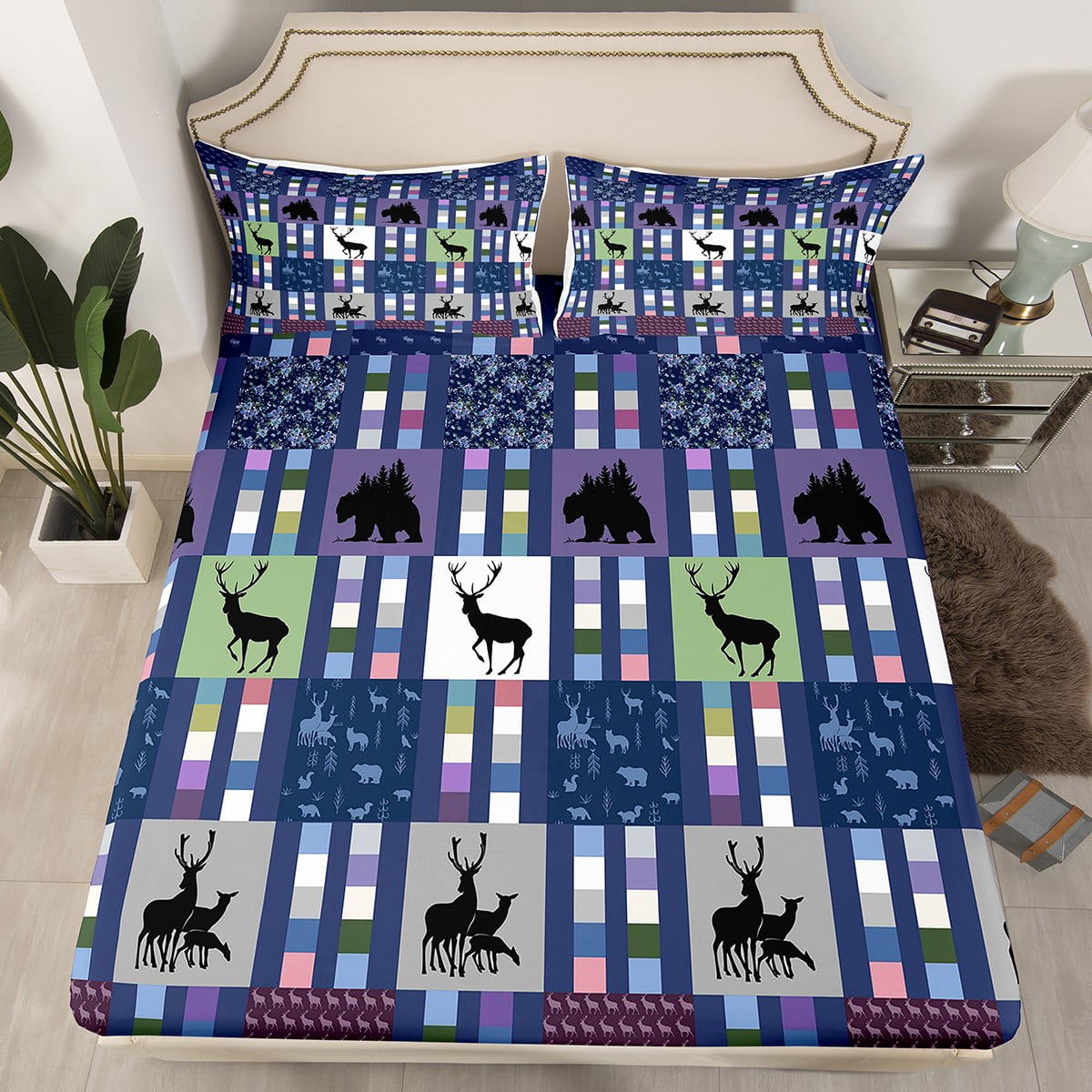 Retro Farmhouse Sheets Bear Deer Patchwork Grid Bed Sheets,Country ...